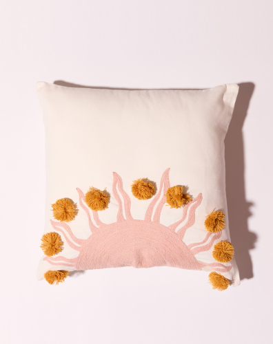 Coussin Sol Rose | Brodé avec Pompons – 100% Coton